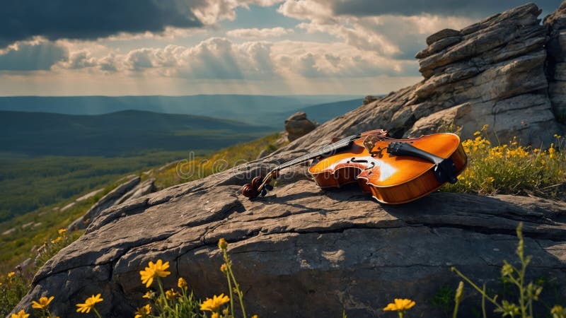 Violin on Mountaintop Rock: Serene Sunset Landscape Stock Illustration ...