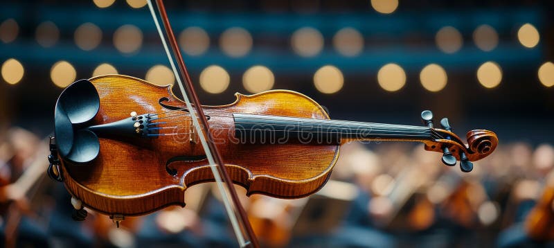Classical Violin in Spotlight Musical Instrument on Blurred Orchestra ...