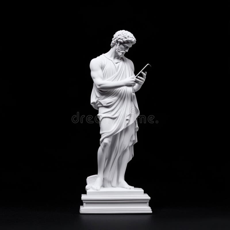 Classical White Statue Holding a Smartphone on Black Background Stock ...