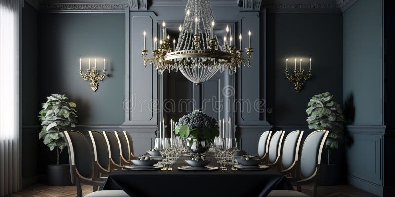 Classically-styled Formal Dining Room with a Large Chandelier ...