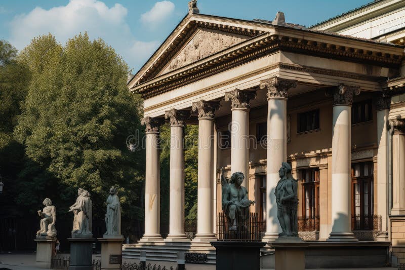 Classicist Building with Columns and Sculptures, Viewed from a Distance ...