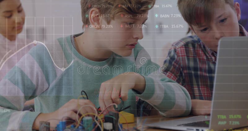 Classmates Connecting Wires At Tech Class Table Typing Commands Monitoring Sensor Data