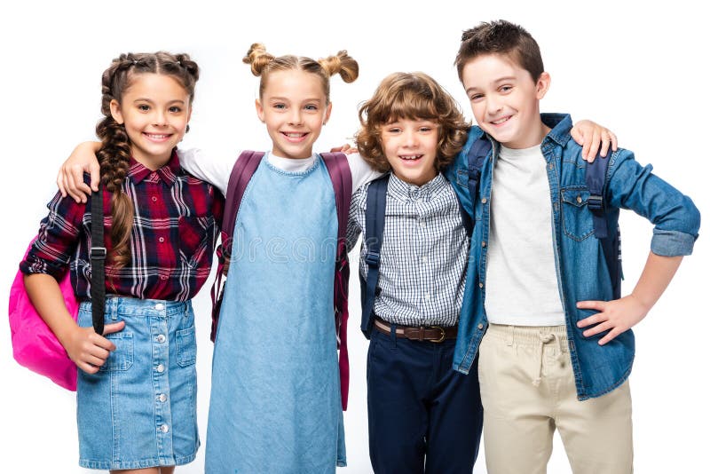 Classmates Hugging and Looking at Camera Stock Image - Image of male ...