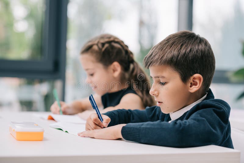 Classmates Writing Homework in Notebooks Stock Photo - Image of ...