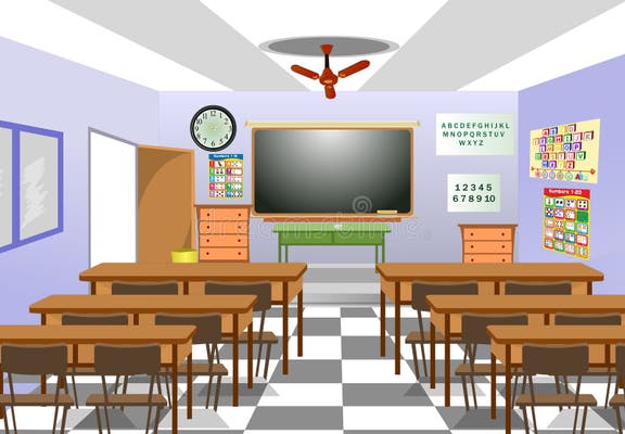 Empty Classroom with Educational Posters and Chalkboard - Vector Art ...