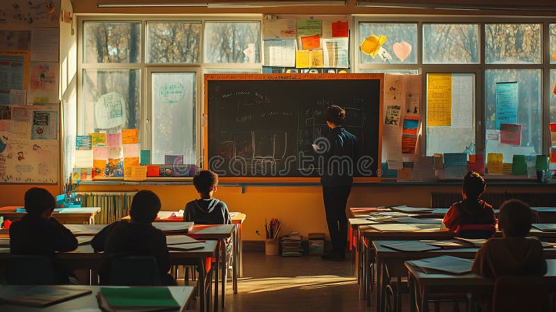 Classroom with African Teacher and Diverse Students Learning in Sunlit ...