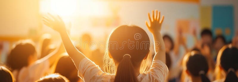 Eager Asian Students Raise Hands in Classroom Bathed in Golden Sunlight ...