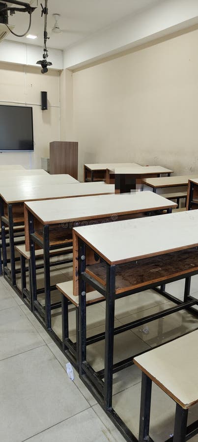 Classroom with Benches and Smartboard Stock Image - Image of hardwood ...