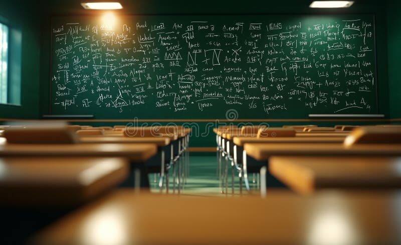 Classroom with Blackboard Filled with Mathematical Formulas and ...