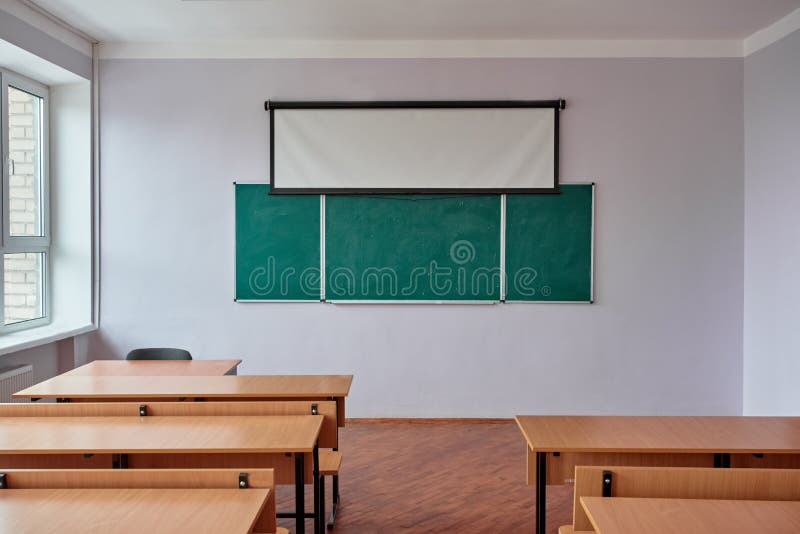Classroom with Blackboard and Tables Stock Image - Image of education ...