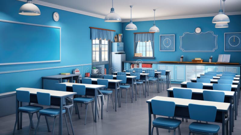A Classroom with Blue Chairs and a Refrigerator, AI Stock Image - Image ...