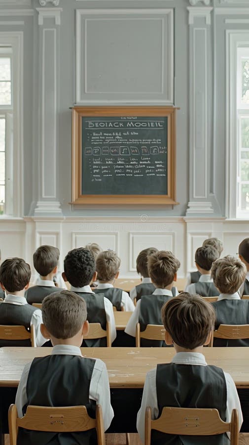 A Classroom of Boys in Uniform Sit at Desks, Facing a Blackboard Stock ...