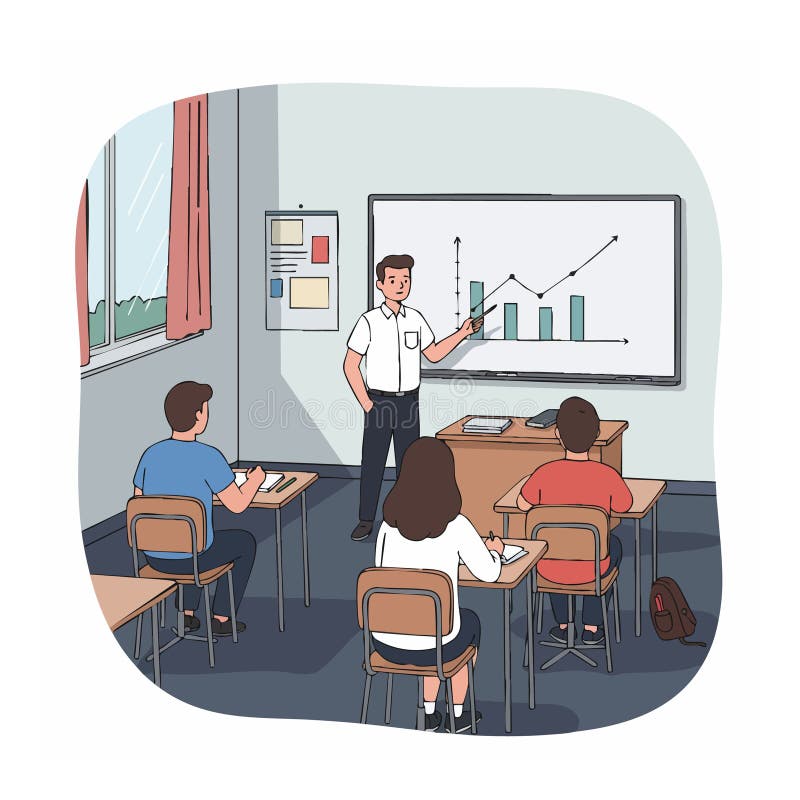 Classroom Business Presentation with Teacher Explaining Chart To ...
