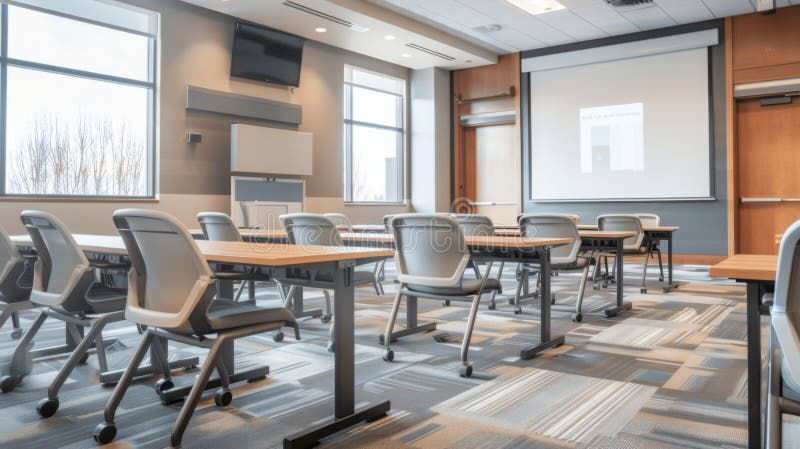 Classroom with Chairs and Projector Screen Stock Image - Image of ...