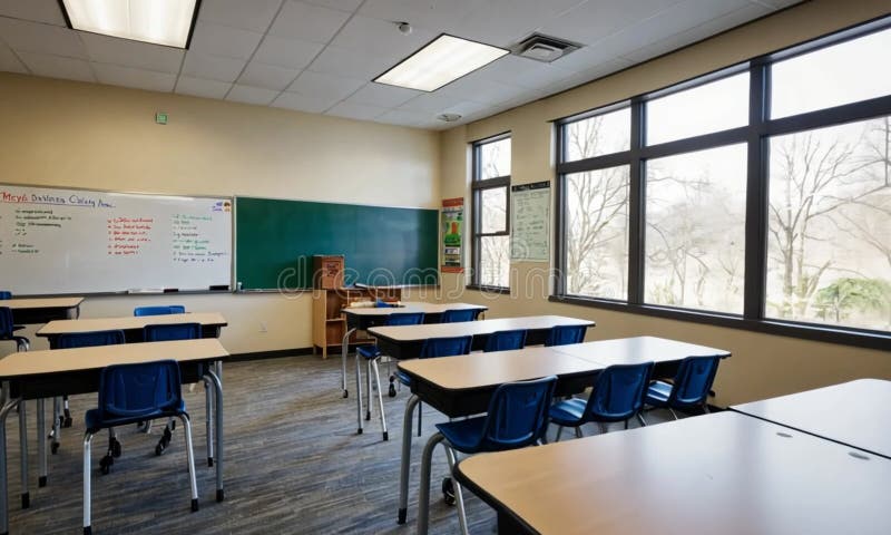 Classroom with Class Animation. Rays of Light Falling To the Empty Dark ...