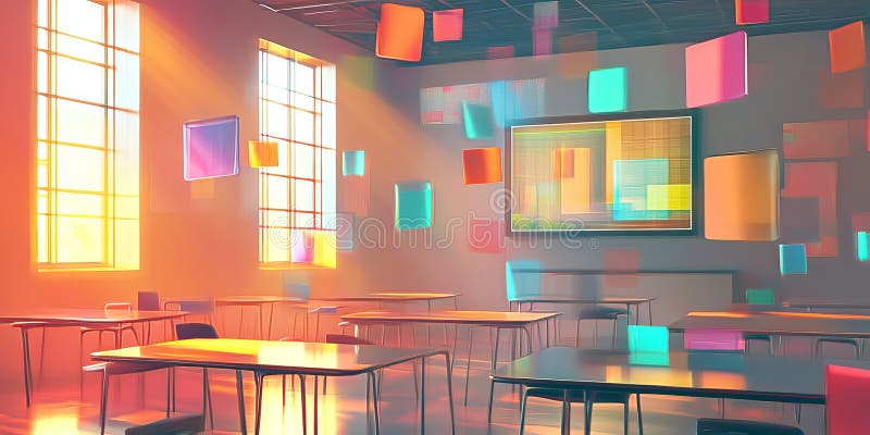 A Classroom with Colorful Paper Cutouts Hanging from the Ceiling Stock ...