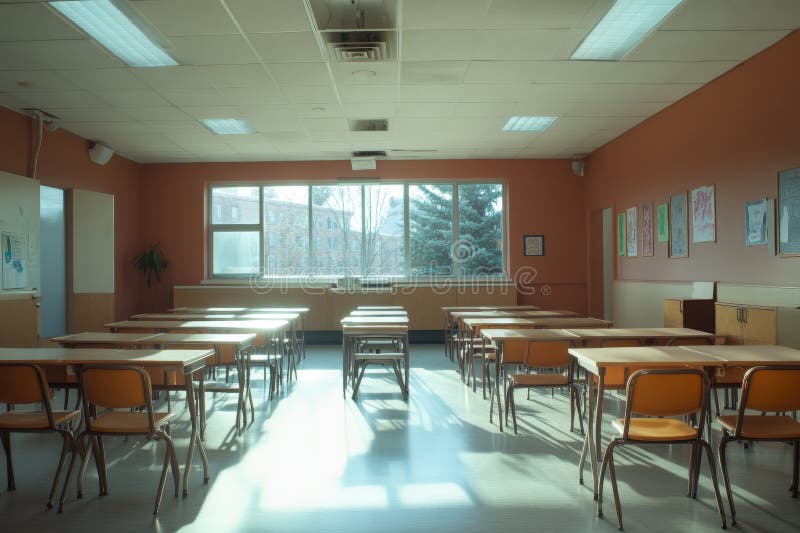 A Classroom that is Completely Empty, Featuring Rows of Desks and ...