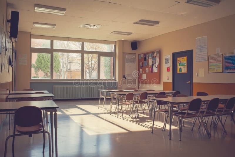 A Classroom that is Completely Empty, Featuring Rows of Desks and ...