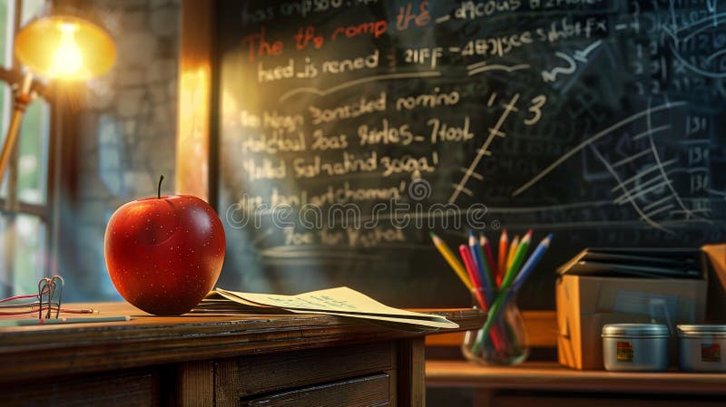 Classroom Desk with Apple and Chalkboard, Generative AI Stock Photo ...