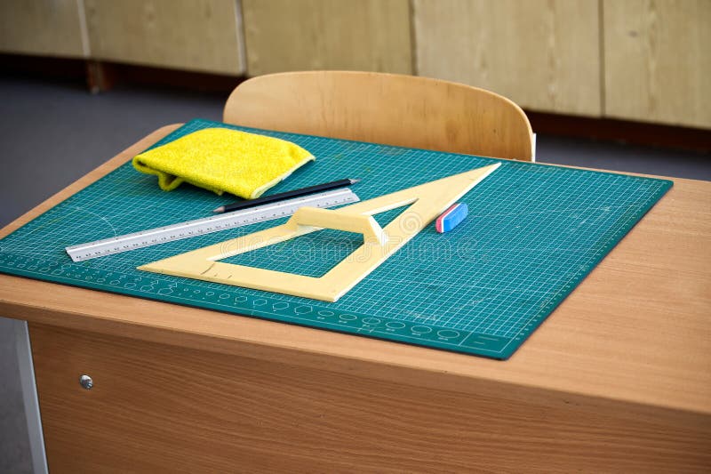 Classroom Desk Equipped with Mathematical Instruments, Ruler, Eraser ...