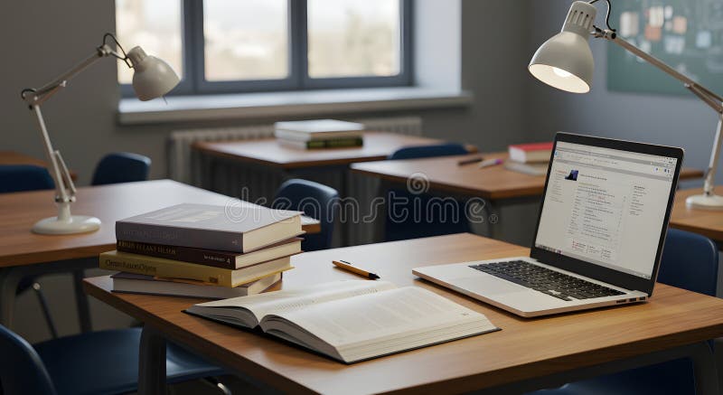 Classroom Desk with Laptop and Books Ready for Studying Stock ...