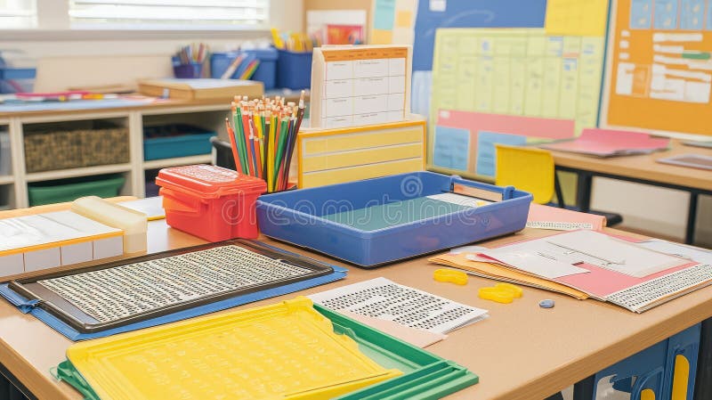 Classroom Desk with Learning Materials Stock Image - Image of tray ...