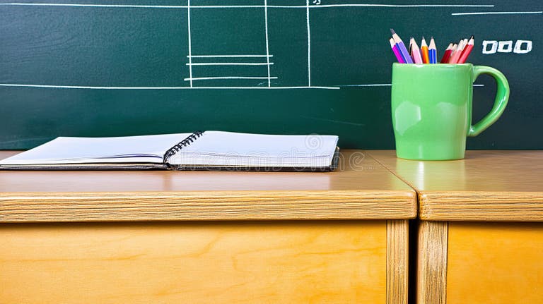 Classroom Desk, Pencils, Notebook, Chalkboard, Lesson Plan Stock Photo ...
