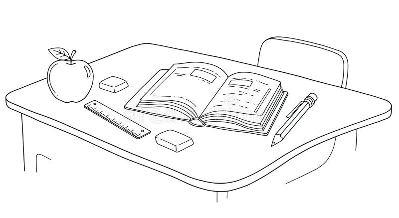 A Classroom Desk Filled with an Open Notebook, Ruler, Eraser, and ...