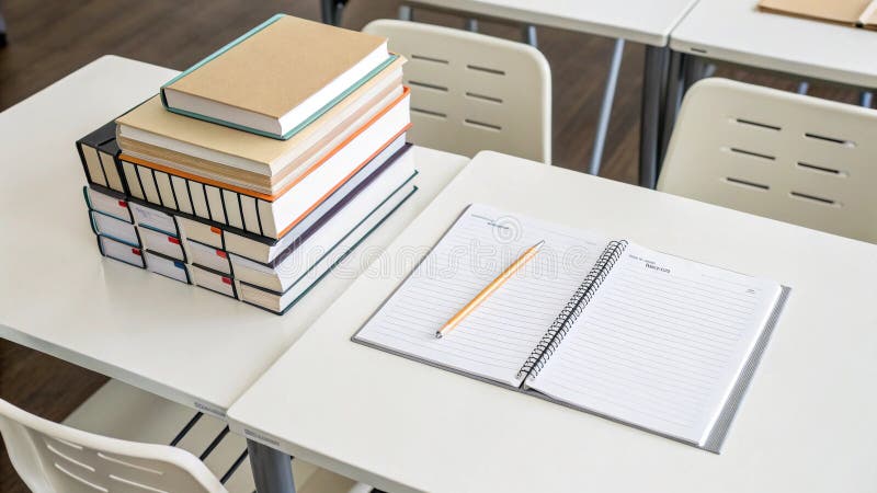 Classroom Desk Setup with Books Notebook and Pencil for School ...