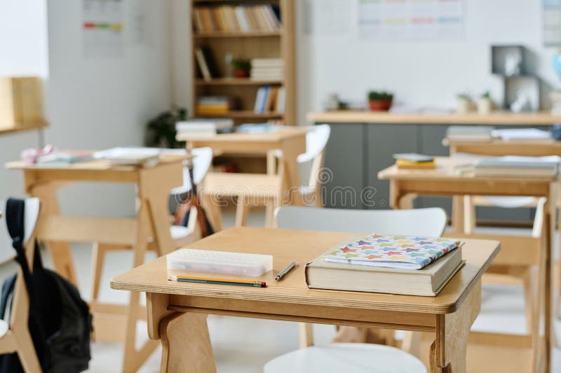Classroom with Desks and Books Stock Illustration - Illustration of ...