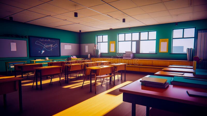 Classroom with Desks and Chalkboard in the Back of the Room Stock ...