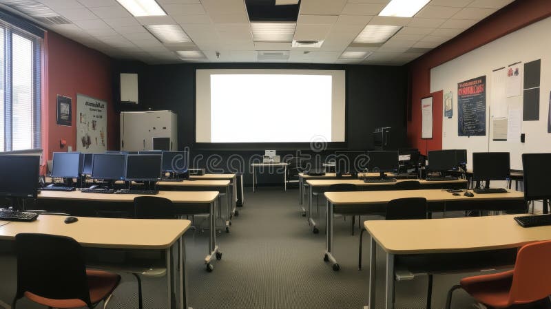 A Classroom with Desks, Computers, and a Projector Screen for ...