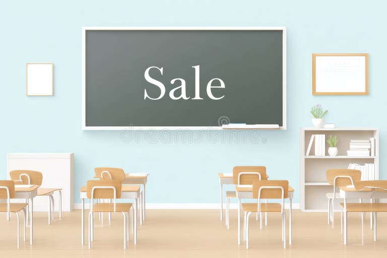 Classroom with Desks Facing Chalkboard Displaying Sale Message in ...