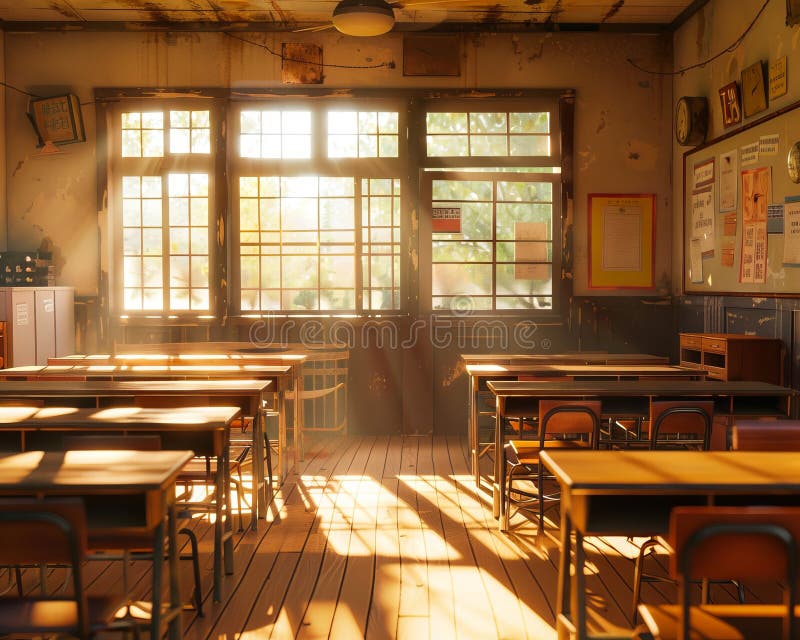 A Classroom with Desks and Windows Stock Photo - Image of canteen ...