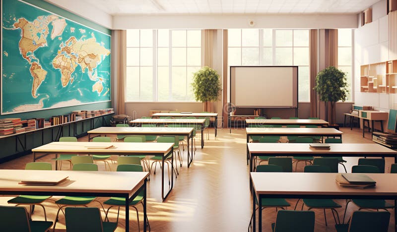 Classroom with Desks and a World Map on Wall at School Stock Image ...