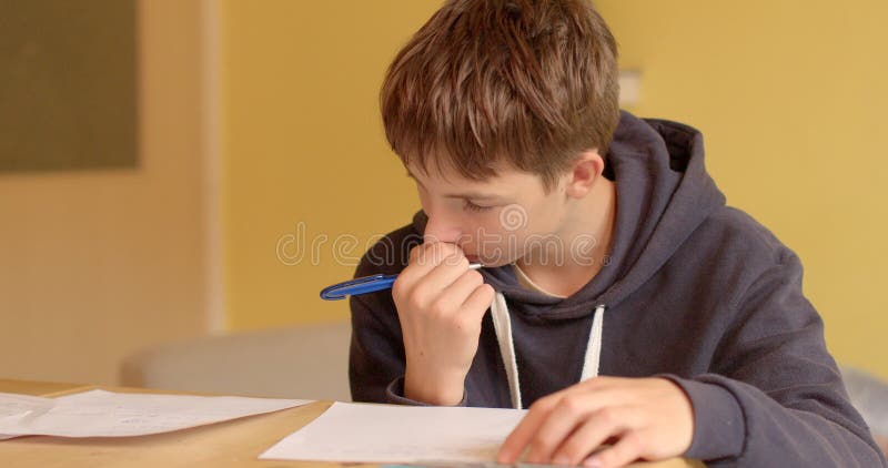 In a Classroom, a Diligent Teenage Student is Focused Studying and ...