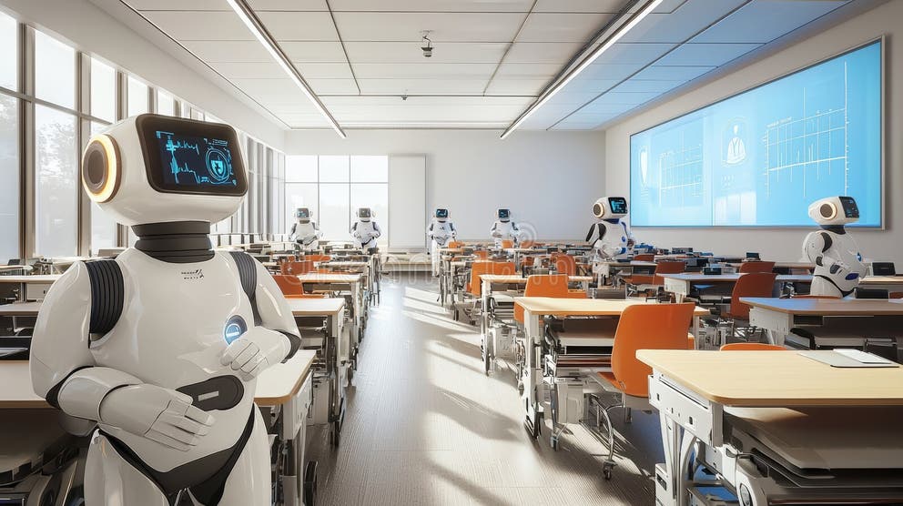 Classroom with Educational Robots Assisting Students in Learning Stock ...