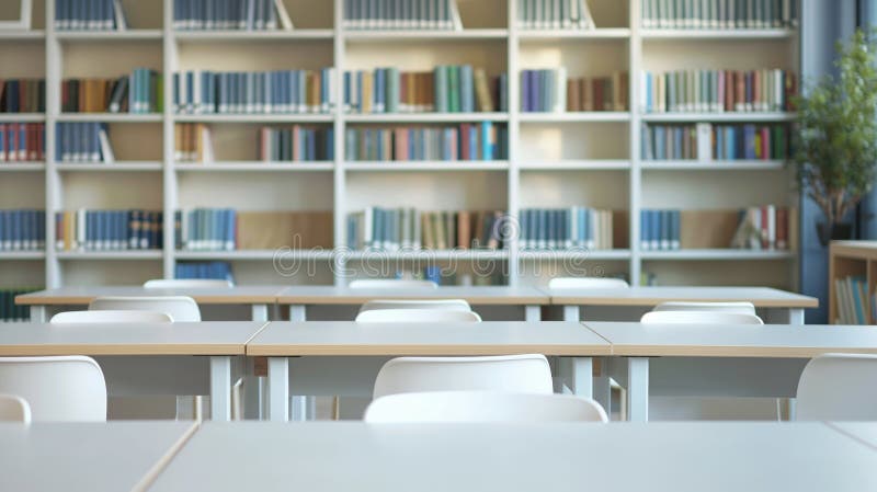 Classroom with Empty Desks and Chairs Facing Bookshelves, No Students ...
