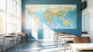 Classroom with Empty Desks, Large World Map on Blue Wall, Bright ...