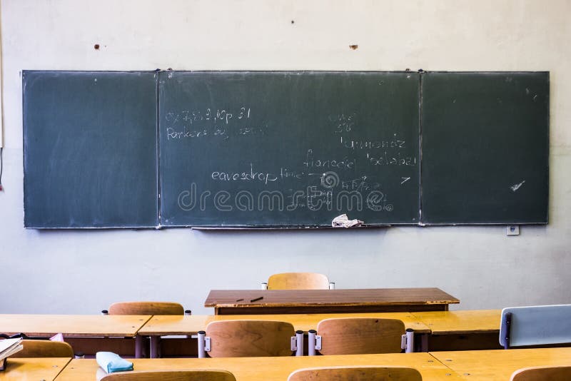 Classroom with Empty Wooden Desks and with Green Board Stock Photo ...