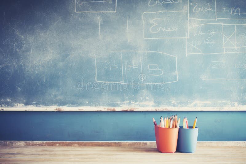 Classroom Essentials Chalkboard and Colorful Pencil Holders Stock Image ...