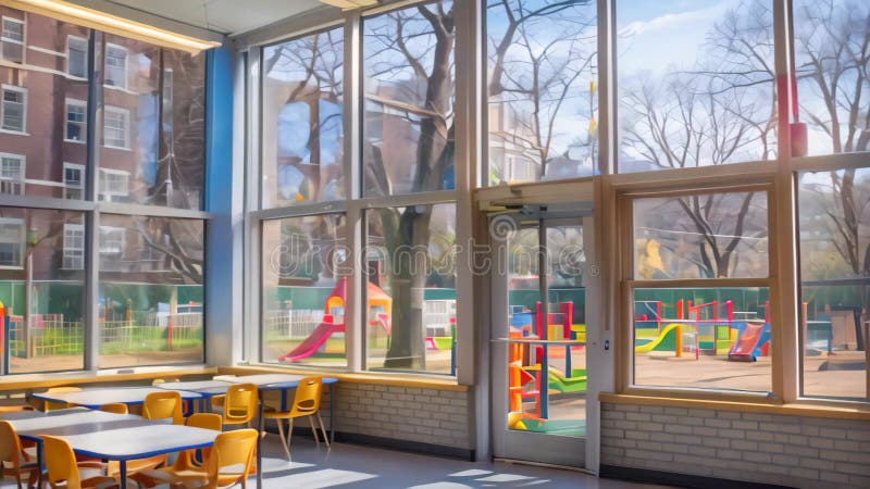 A Classroom with Expansive Windows, Showcasing a Playground Under a ...