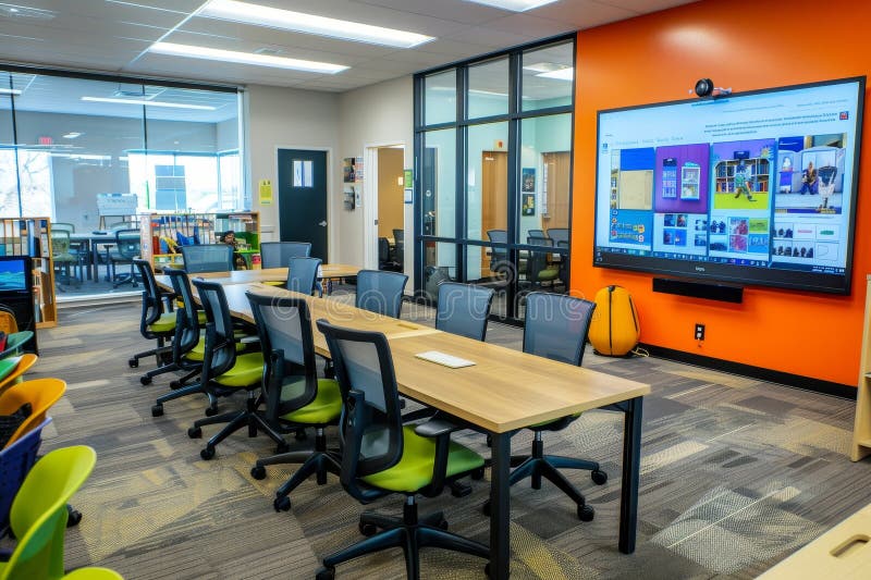 A Classroom Featuring a Large Screen for Presentations and Rows of ...