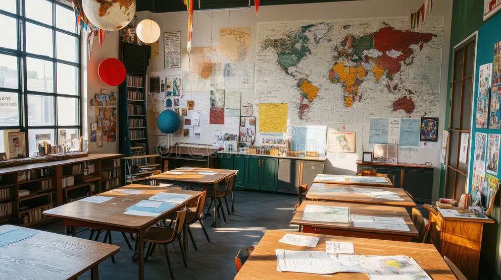 A Classroom Featuring a World Map, Desks, and Educational Materials for ...