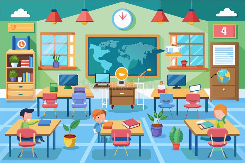 A Classroom Filled with Desks and Chairs, Featuring a Large Map Hanging ...