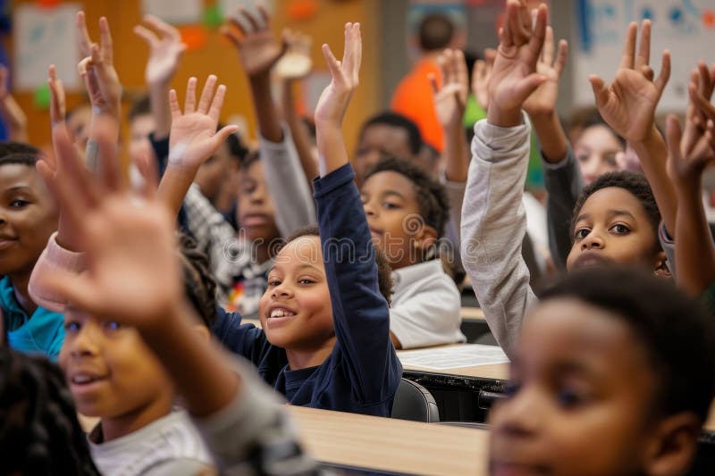 A Classroom Filled with Eager Elementary School Students Raising Their ...