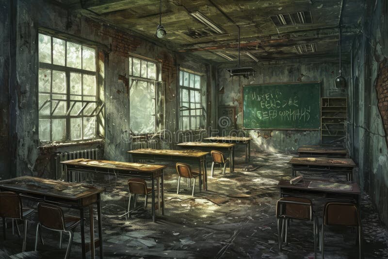 A Classroom Filled with Individual Desks and a Large Chalkboard at the ...