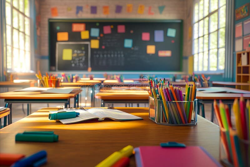 A Classroom Filled with Lots of Desks and a Blackboard Stock Image ...