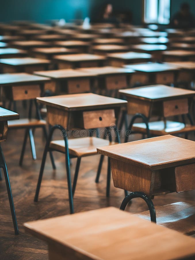A Classroom Filled with Rows of Wooden Desks and Chairs in an ...