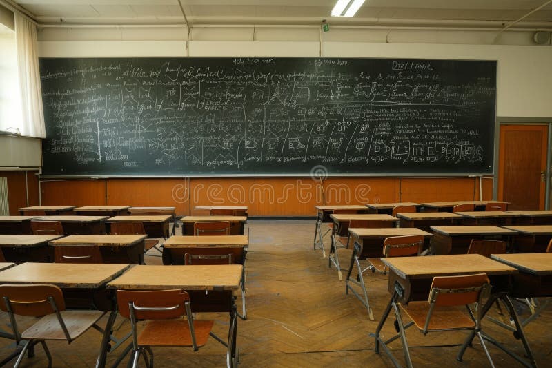 A Classroom Filled with Wooden Desks and a Chalkboard at the Front ...